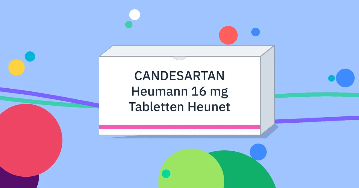 Symbolbild: Packung mit der Aufschrift CANDESARTAN Heumann 16 mg Tabletten Heunet (PZN 14211545) – Verfügbarkeit und Bezug in Apotheken in Frankfurt am Main