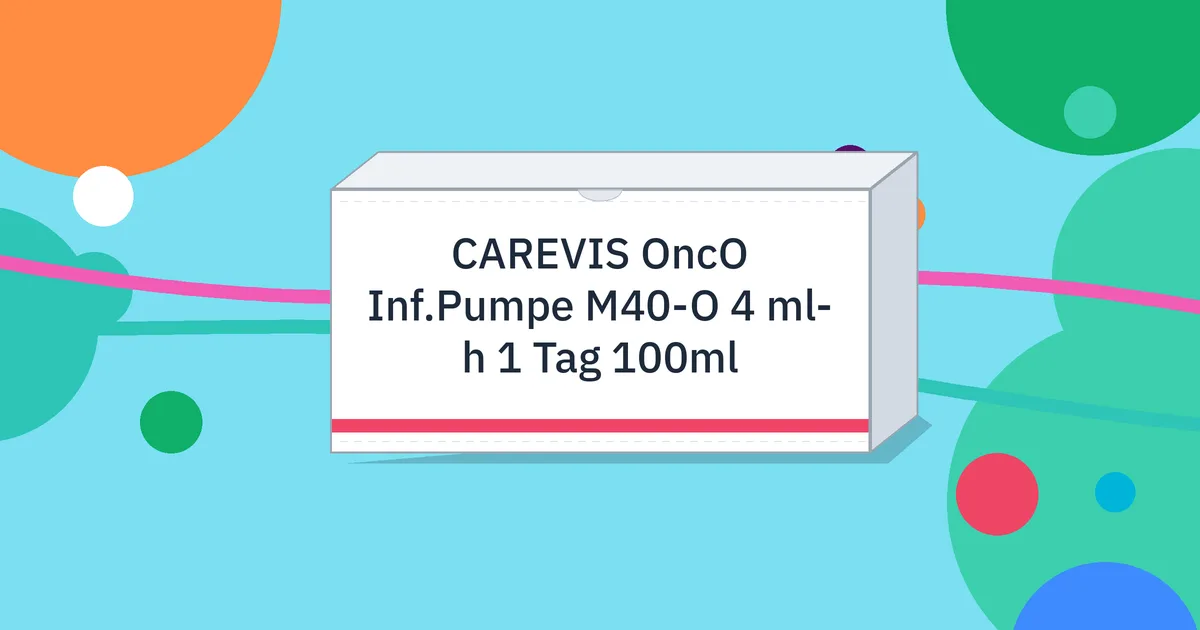 Symbolbild: Packung mit der Aufschrift CAREVIS OncO Inf.Pumpe M40-O 4 ml-h 1 Tag 100ml (PZN 17397757) – Verfügbarkeit und Bezug in Apotheken in Frankfurt am Main