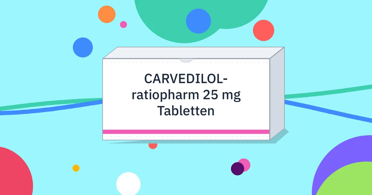 Symbolbild: Packung mit der Aufschrift CARVEDILOL-ratiopharm 25 mg Tabletten (PZN 10715964) – Verfügbarkeit und Bezug in Apotheken in Frankfurt am Main