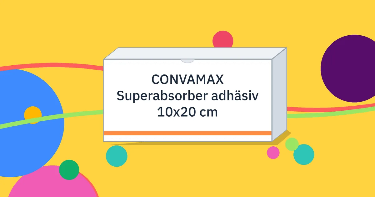 Symbolbild: Packung mit der Aufschrift CONVAMAX Superabsorber adhäsiv 10x20 cm (PZN 18037529) – Verfügbarkeit und Bezug in Apotheken in Frankfurt am Main