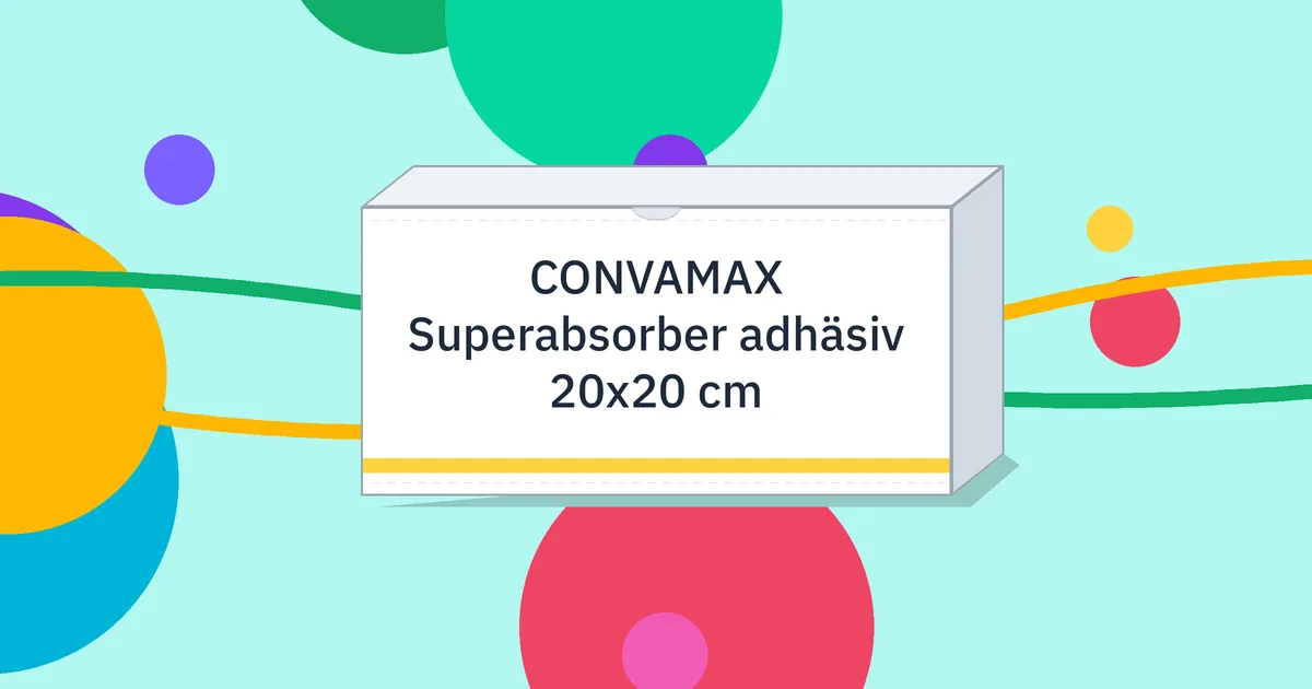 Symbolbild: Packung mit der Aufschrift CONVAMAX Superabsorber adhäsiv 20x20 cm (PZN 20629390) – Verfügbarkeit und Bezug in Apotheken in Frankfurt am Main