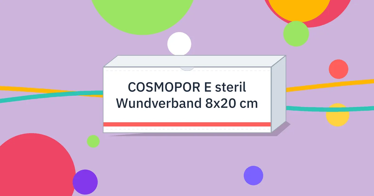 Symbolbild: Packung mit der Aufschrift COSMOPOR E steril Wundverband 8x20 cm (PZN 14240707) – Verfügbarkeit und Bezug in Apotheken in Frankfurt am Main