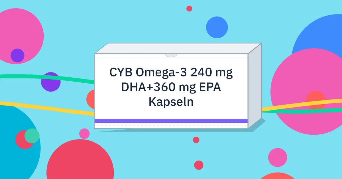 Symbolbild: Packung mit der Aufschrift CYB Omega-3 240 mg DHA+360 mg EPA Kapseln (PZN 19680405) – Verfügbarkeit und Bezug in Apotheken in Frankfurt am Main