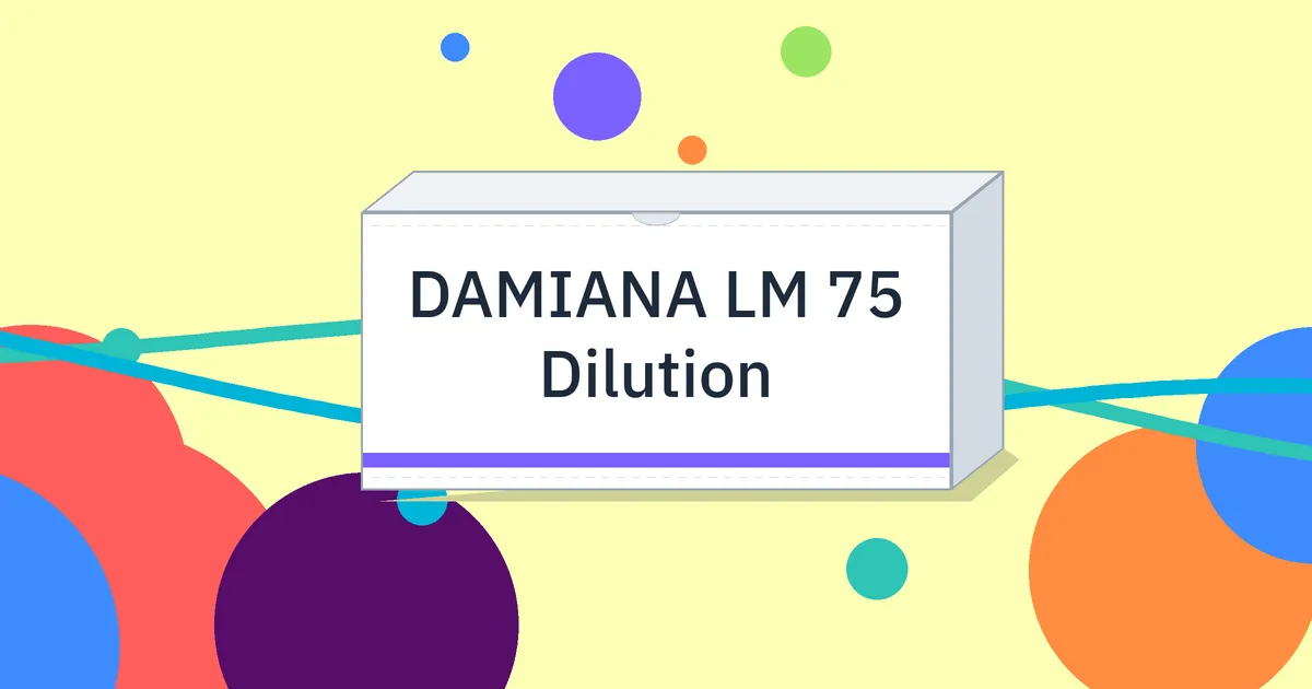 Symbolbild: Packung mit der Aufschrift DAMIANA LM 75 Dilution (PZN 13461257) – Verfügbarkeit und Bezug in Apotheken in Frankfurt am Main