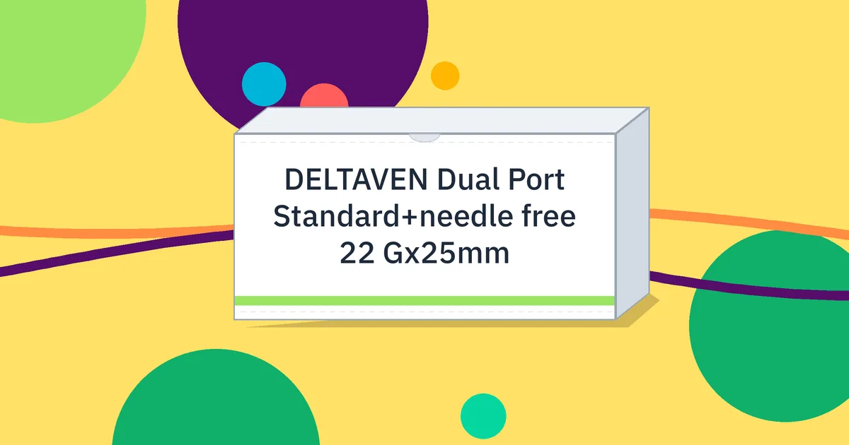 Symbolbild: Packung mit der Aufschrift DELTAVEN Dual Port Standard+needle free 22 Gx25mm (PZN 18873651) – Verfügbarkeit und Bezug in Apotheken in Frankfurt am Main