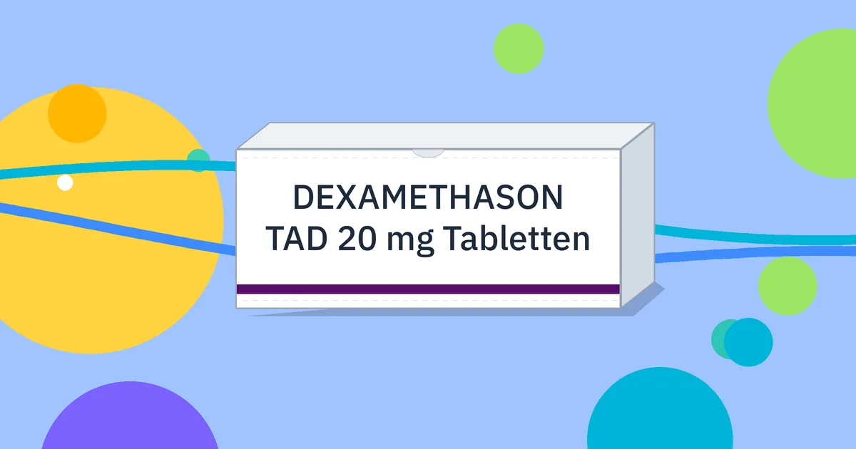 Symbolbild: Packung mit der Aufschrift DEXAMETHASON TAD 20 mg Tabletten (PZN 13721936) – Verfügbarkeit und Bezug in Apotheken in Frankfurt am Main