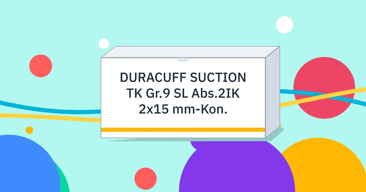 Symbolbild: Packung mit der Aufschrift DURACUFF SUCTION TK Gr.9 SL Abs.2IK 2x15 mm-Kon. (PZN 04959389) – Verfügbarkeit und Bezug in Apotheken in Frankfurt am Main