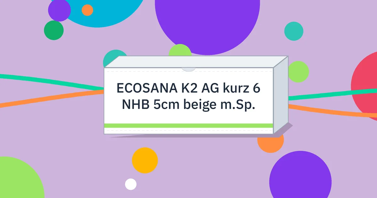 Symbolbild: Packung mit der Aufschrift ECOSANA K2 AG kurz 6 NHB 5cm beige m.Sp. (PZN 01508806) – Verfügbarkeit und Bezug in Apotheken in Frankfurt am Main