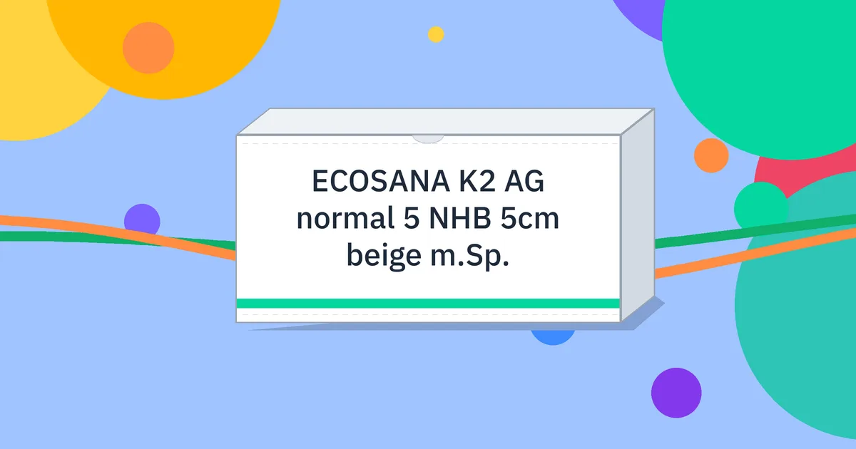 Symbolbild: Packung mit der Aufschrift ECOSANA K2 AG normal 5 NHB 5cm beige m.Sp. (PZN 01465014) – Verfügbarkeit und Bezug in Apotheken in Frankfurt am Main