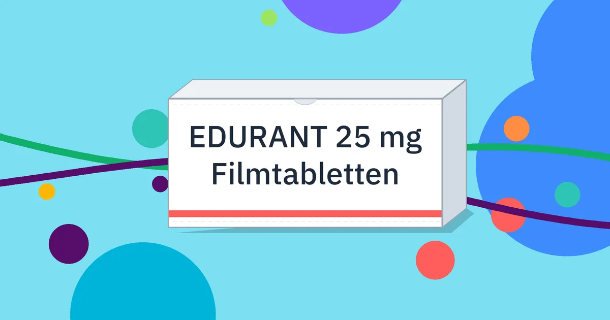Symbolbild: Packung mit der Aufschrift EDURANT 25 mg Filmtabletten (PZN 09391841) – Verfügbarkeit und Bezug in Apotheken in Frankfurt am Main