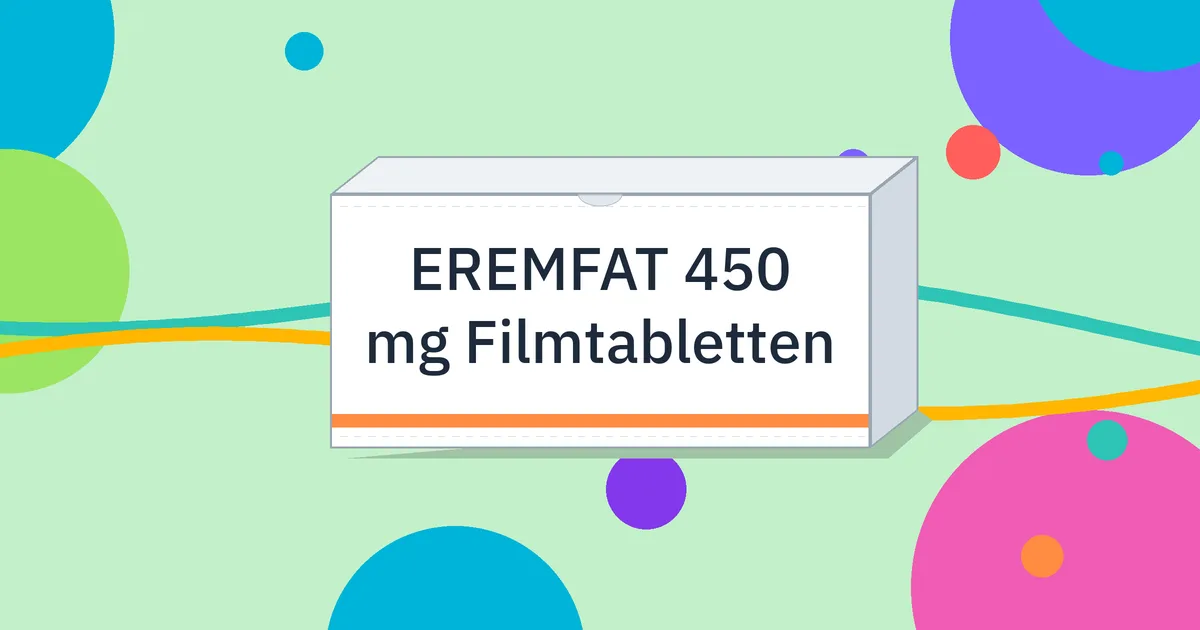 Symbolbild: Packung mit der Aufschrift EREMFAT 450 mg Filmtabletten (PZN 19095612) – Verfügbarkeit und Bezug in Apotheken in Frankfurt am Main