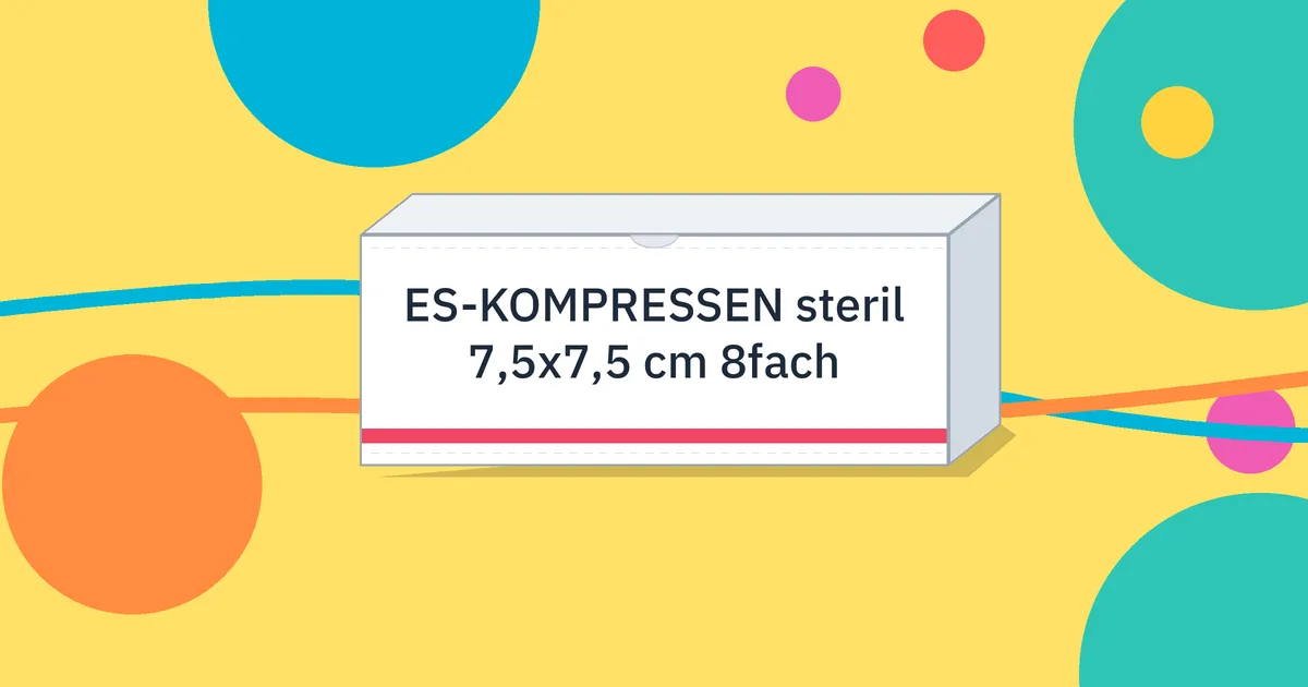Symbolbild: Packung mit der Aufschrift ES-KOMPRESSEN steril 7,5x7,5 cm 8fach (PZN 20289250) – Verfügbarkeit und Bezug in Apotheken in Frankfurt am Main
