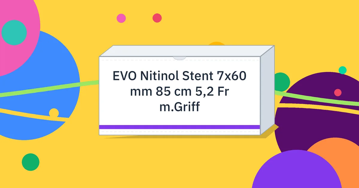 Symbolbild: Packung mit der Aufschrift EVO Nitinol Stent 7x60 mm 85 cm 5,2 Fr m.Griff (PZN 00223355) – Verfügbarkeit und Bezug in Apotheken in Frankfurt am Main