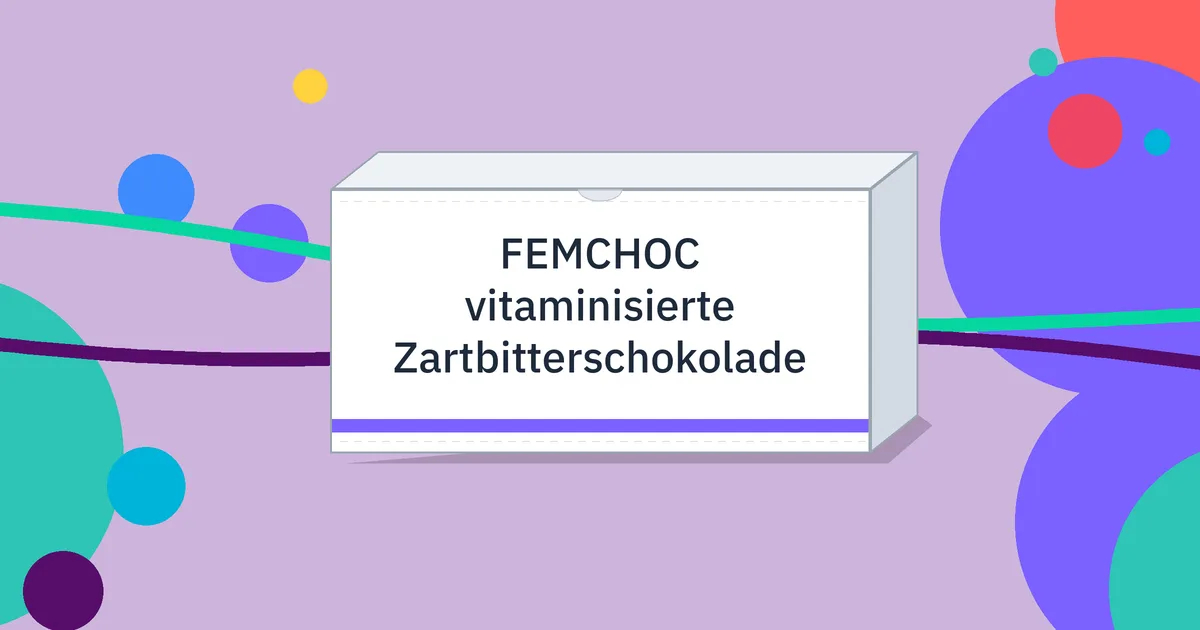 Symbolbild: Packung mit der Aufschrift FEMCHOC vitaminisierte Zartbitterschokolade (PZN 18472076) – Verfügbarkeit und Bezug in Apotheken in Frankfurt am Main
