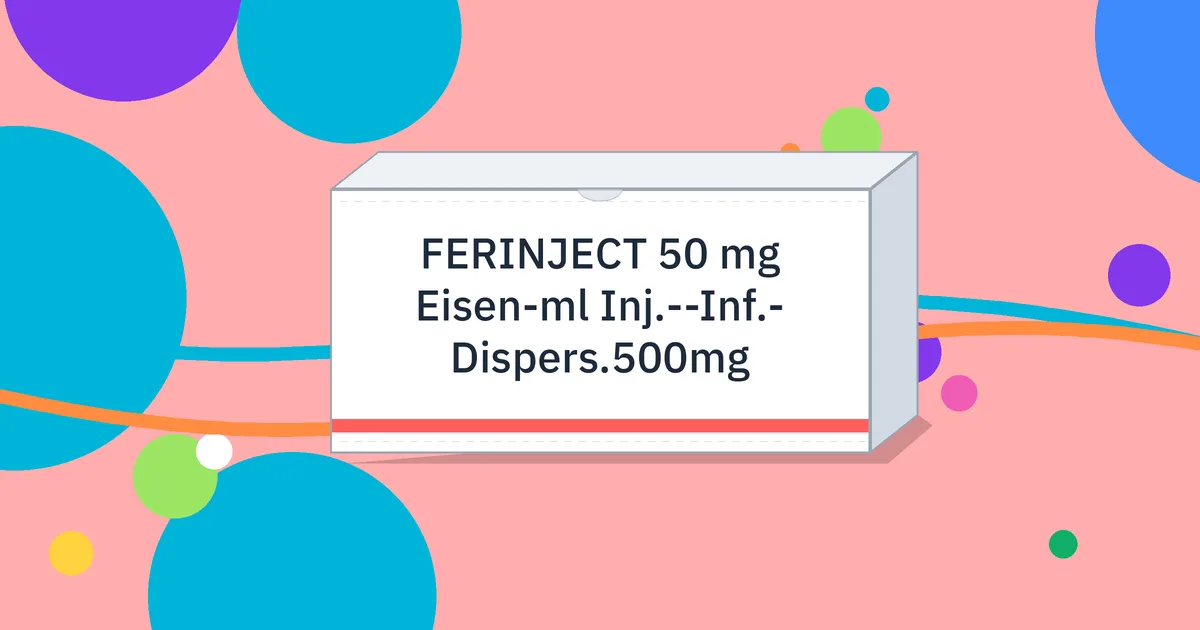 Symbolbild: Packung mit der Aufschrift FERINJECT 50 mg Eisen-ml Inj.--Inf.-Dispers.500mg (PZN 18841088) – Verfügbarkeit und Bezug in Apotheken in Frankfurt am Main