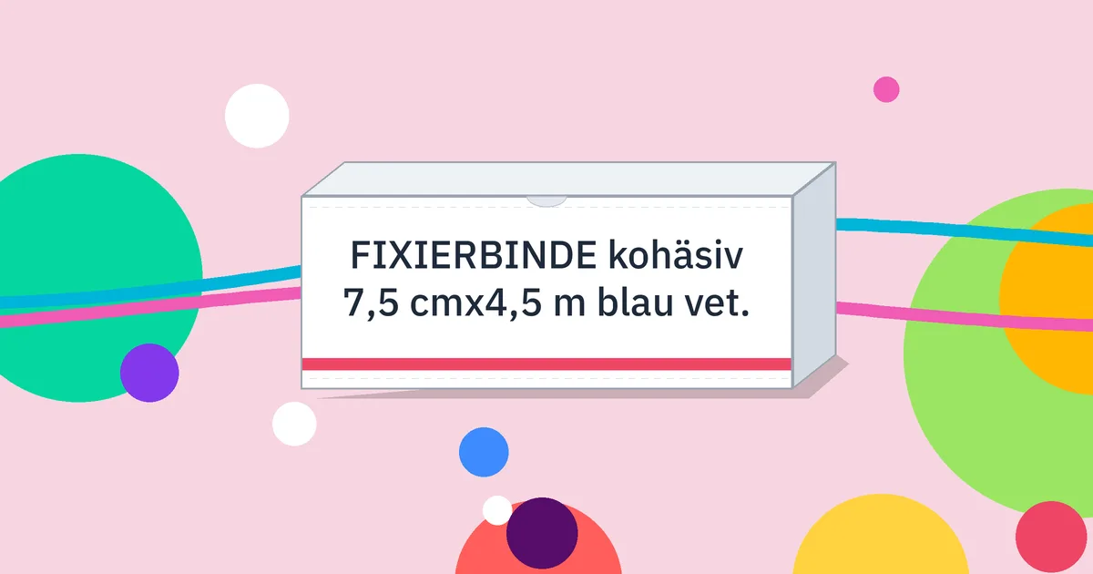 Symbolbild: Packung mit der Aufschrift FIXIERBINDE kohäsiv 7,5 cmx4,5 m blau vet. (PZN 18605175) – Verfügbarkeit und Bezug in Apotheken in Frankfurt am Main