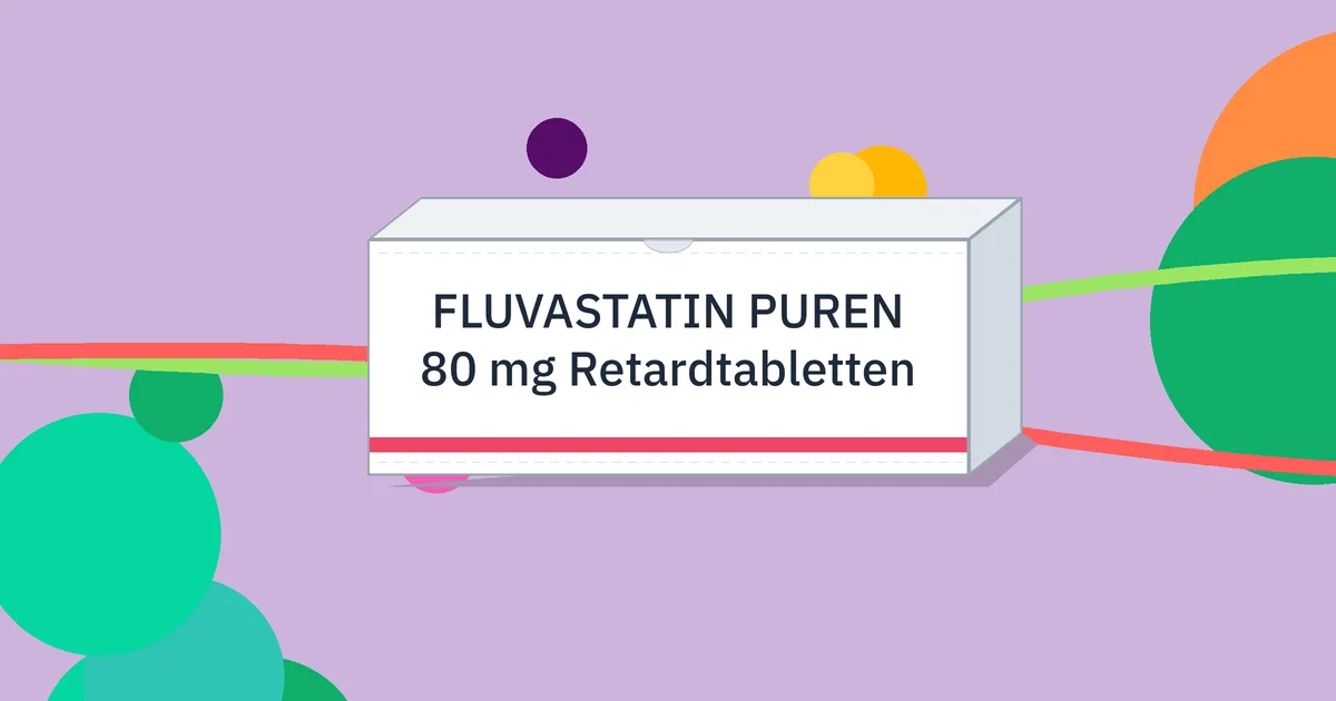 Symbolbild: Packung mit der Aufschrift FLUVASTATIN PUREN 80 mg Retardtabletten (PZN 11354882) – Verfügbarkeit und Bezug in Apotheken in Frankfurt am Main