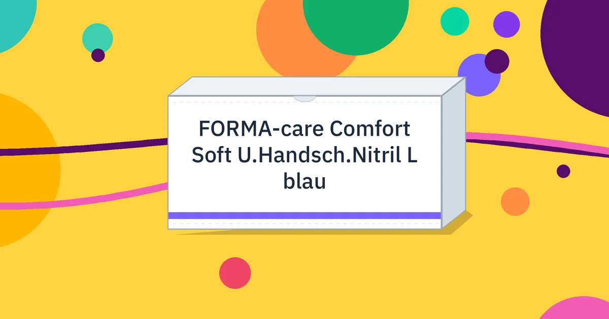 Symbolbild: Packung mit der Aufschrift FORMA-care Comfort Soft U.Handsch.Nitril L blau (PZN 11642687) – Verfügbarkeit und Bezug in Apotheken in Frankfurt am Main