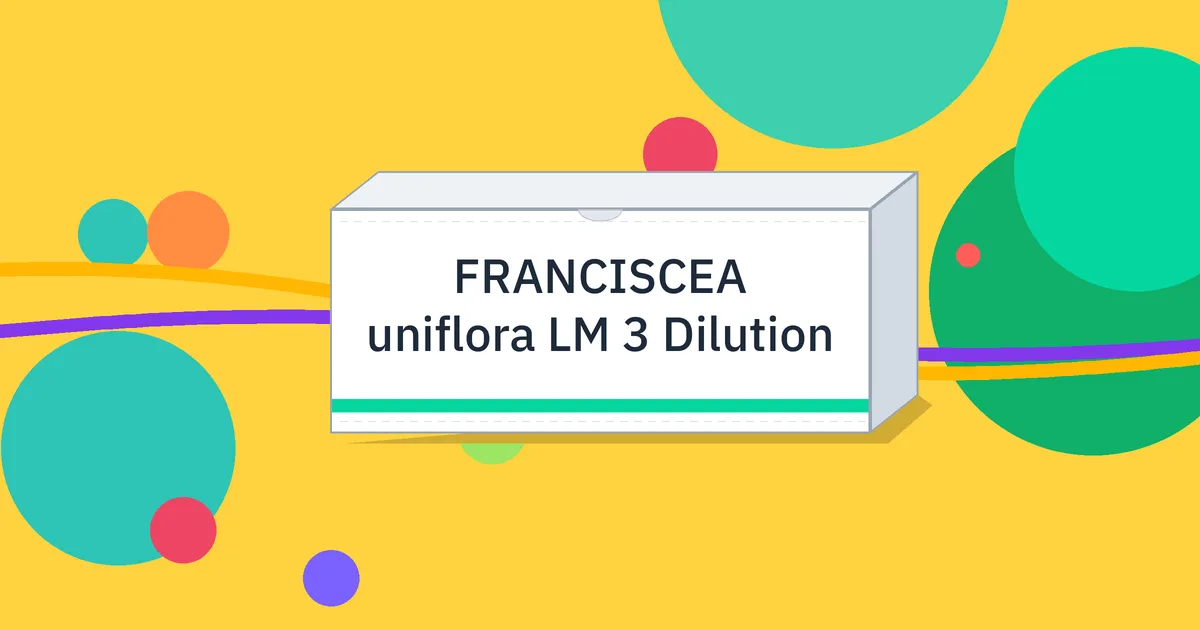 Symbolbild: Packung mit der Aufschrift FRANCISCEA uniflora LM 3 Dilution (PZN 13491005) – Verfügbarkeit und Bezug in Apotheken in Frankfurt am Main