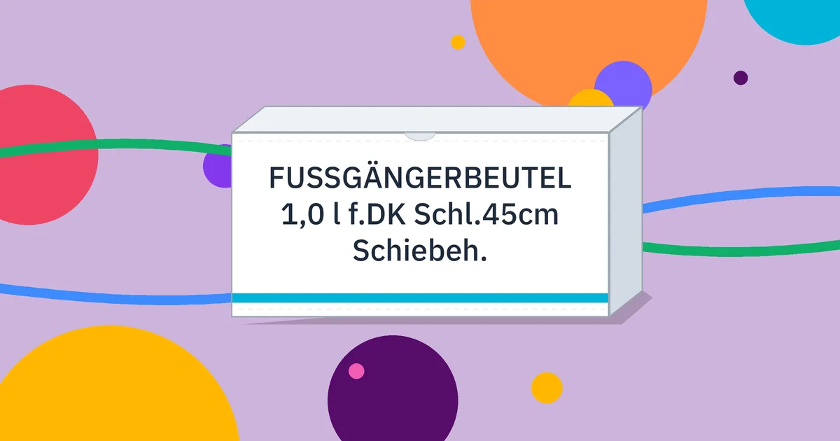 Symbolbild: Packung mit der Aufschrift FUSSGÄNGERBEUTEL 1,0 l f.DK Schl.45cm Schiebeh. (PZN 06096975) – Verfügbarkeit und Bezug in Apotheken in Frankfurt am Main