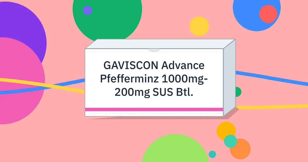 Symbolbild: Packung mit der Aufschrift GAVISCON Advance Pfefferminz 1000mg-200mg SUS Btl. (PZN 16884314) – Verfügbarkeit und Bezug in Apotheken in Frankfurt am Main