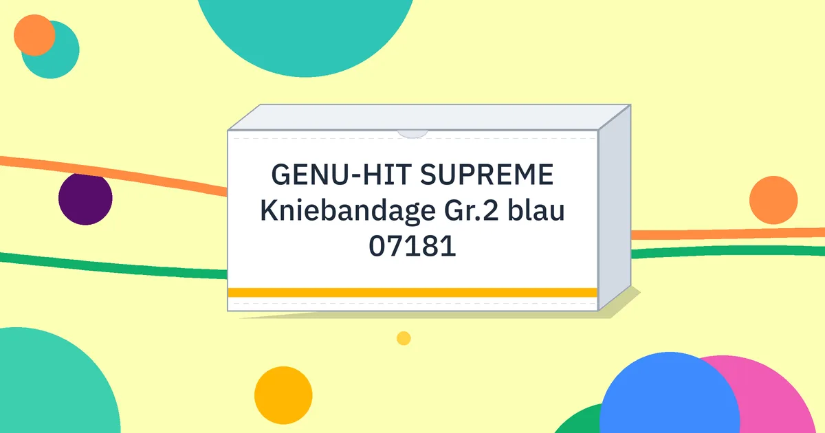 Symbolbild: Packung mit der Aufschrift GENU-HIT SUPREME Kniebandage Gr.2 blau 07181 (PZN 16931338) – Verfügbarkeit und Bezug in Apotheken in Frankfurt am Main