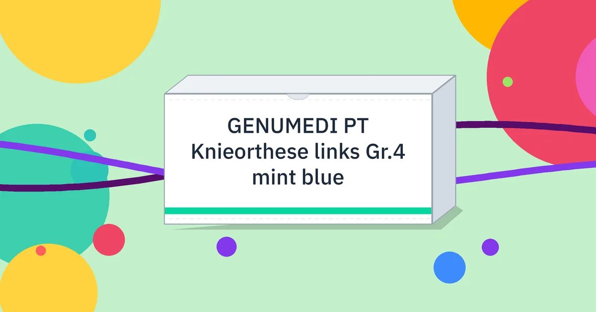 Symbolbild: Packung mit der Aufschrift GENUMEDI PT Knieorthese links Gr.4 mint blue (PZN 17982510) – Verfügbarkeit und Bezug in Apotheken in Frankfurt am Main