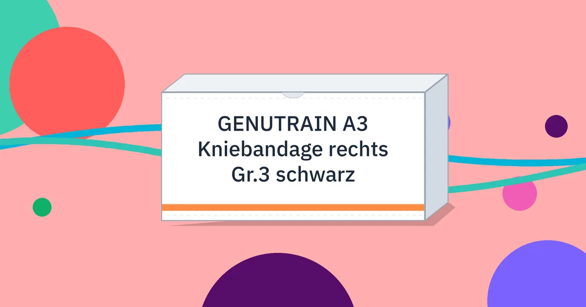 Symbolbild: Packung mit der Aufschrift GENUTRAIN A3 Kniebandage rechts Gr.3 schwarz (PZN 19100000) – Verfügbarkeit und Bezug in Apotheken in Frankfurt am Main