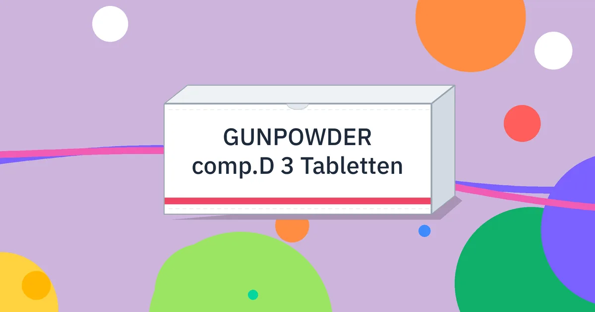 Symbolbild: Packung mit der Aufschrift GUNPOWDER comp.D 3 Tabletten (PZN 04655732) – Verfügbarkeit und Bezug in Apotheken in Frankfurt am Main