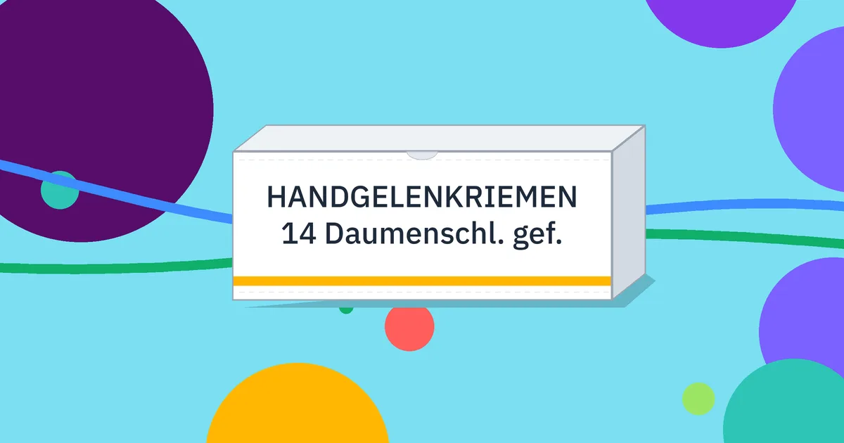 Symbolbild: Packung mit der Aufschrift HANDGELENKRIEMEN 14 Daumenschl. gef. (PZN 02387888) – Verfügbarkeit und Bezug in Apotheken in Frankfurt am Main