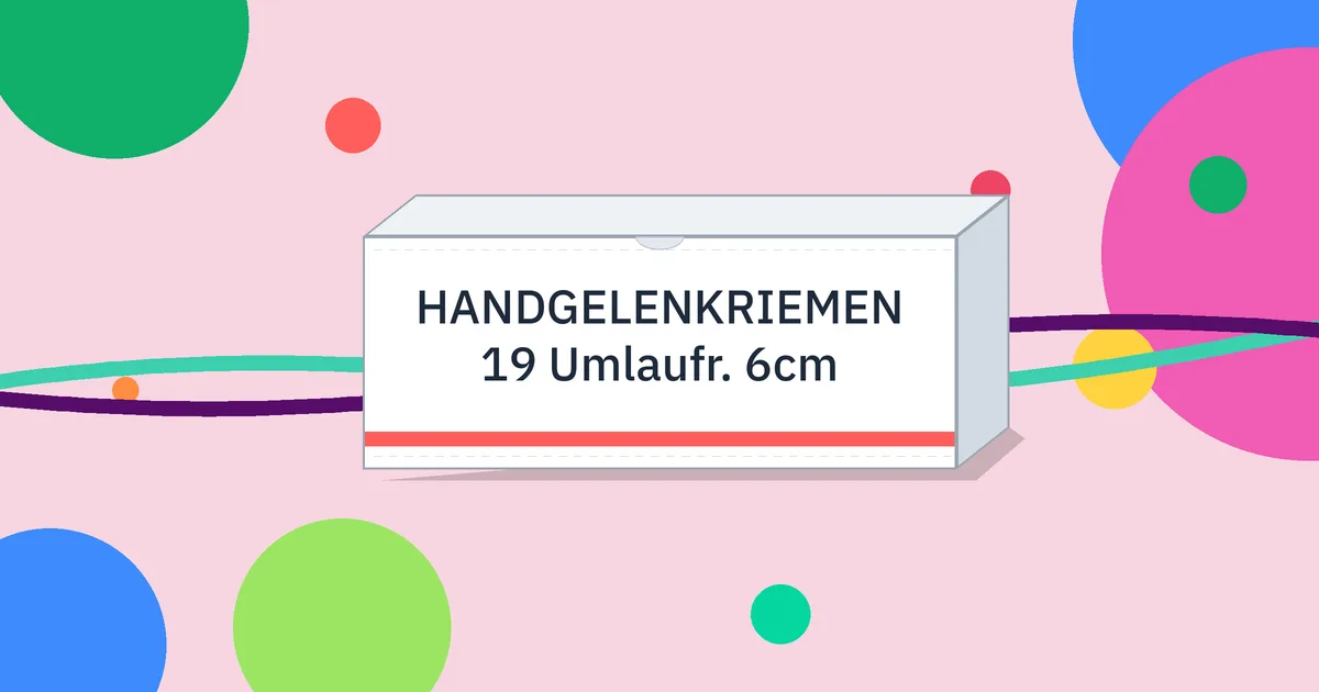 Symbolbild: Packung mit der Aufschrift HANDGELENKRIEMEN 19 Umlaufr. 6cm (PZN 01962681) – Verfügbarkeit und Bezug in Apotheken in Frankfurt am Main