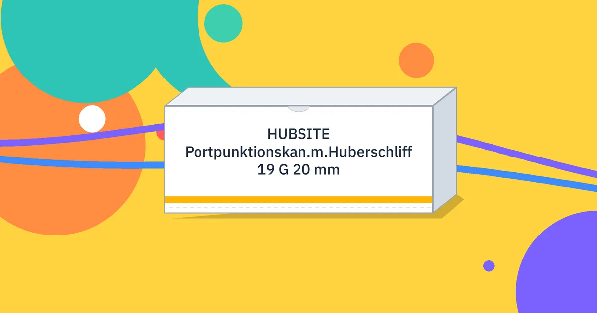 Symbolbild: Packung mit der Aufschrift HUBSITE Portpunktionskan.m.Huberschliff 19 G 20 mm (PZN 07369470) – Verfügbarkeit und Bezug in Apotheken in Frankfurt am Main