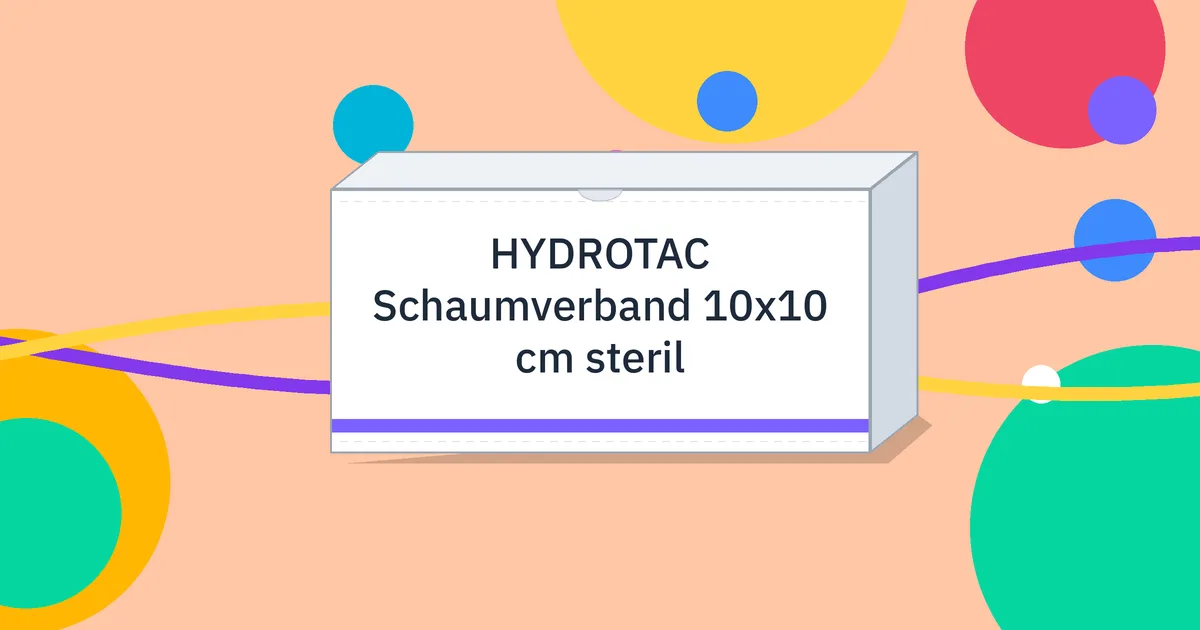Symbolbild: Packung mit der Aufschrift HYDROTAC Schaumverband 10x10 cm steril (PZN 19068041) – Verfügbarkeit und Bezug in Apotheken in Frankfurt am Main