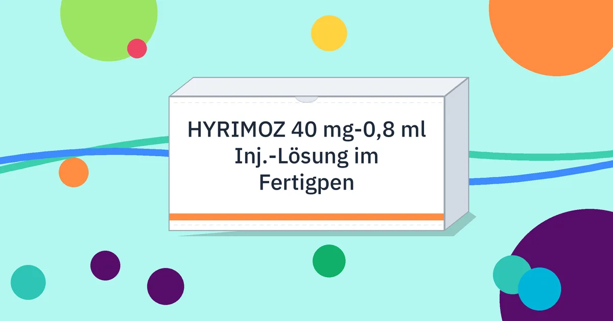 Symbolbild: Packung mit der Aufschrift HYRIMOZ 40 mg-0,8 ml Inj.-Lösung im Fertigpen (PZN 16018462) – Verfügbarkeit und Bezug in Apotheken in Frankfurt am Main