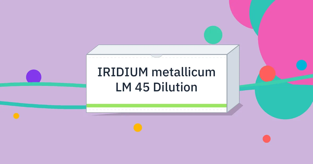 Symbolbild: Packung mit der Aufschrift IRIDIUM metallicum LM 45 Dilution (PZN 12913680) – Verfügbarkeit und Bezug in Apotheken in Frankfurt am Main