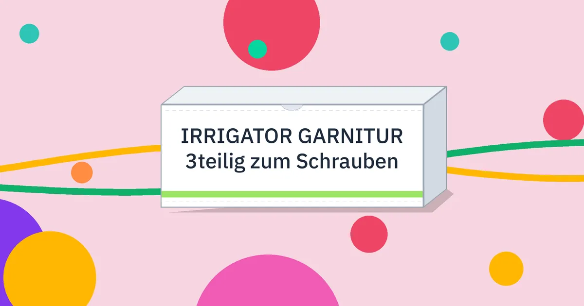 Symbolbild: Packung mit der Aufschrift IRRIGATOR GARNITUR 3teilig zum Schrauben (PZN 02740907) – Verfügbarkeit und Bezug in Apotheken in Frankfurt am Main