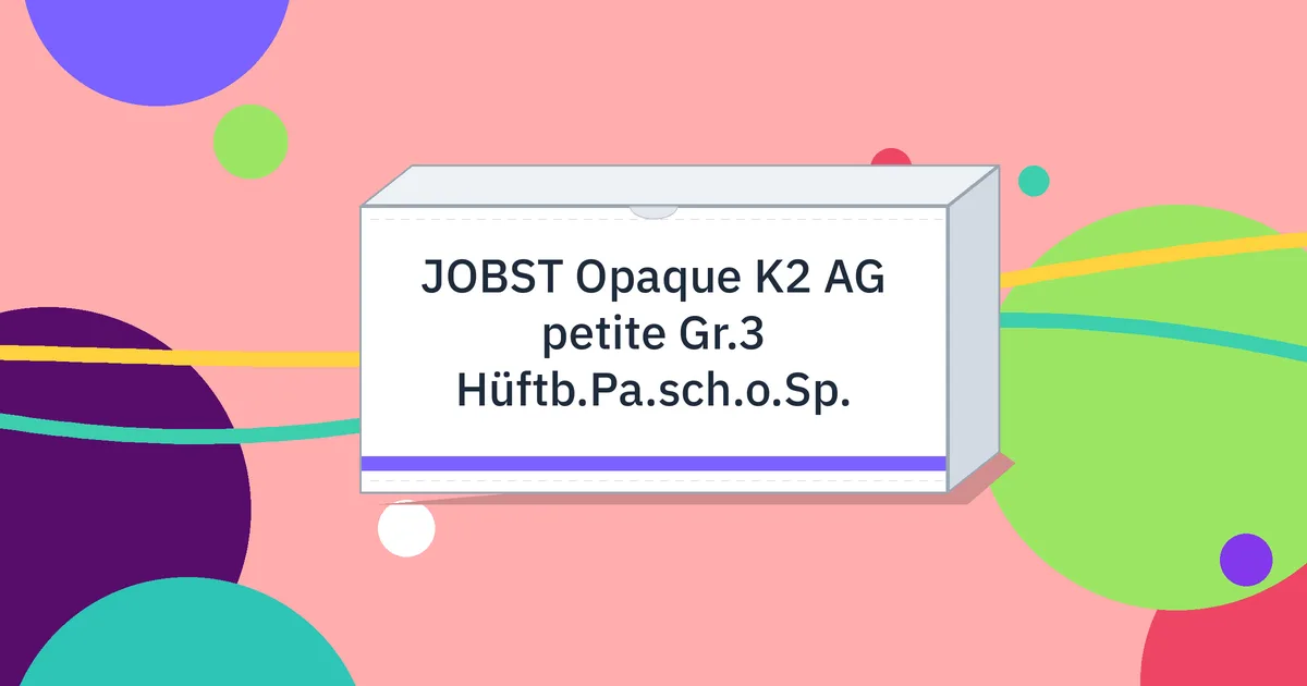 Symbolbild: Packung mit der Aufschrift JOBST Opaque K2 AG petite Gr.3 Hüftb.Pa.sch.o.Sp. (PZN 13114828) – Verfügbarkeit und Bezug in Apotheken in Frankfurt am Main