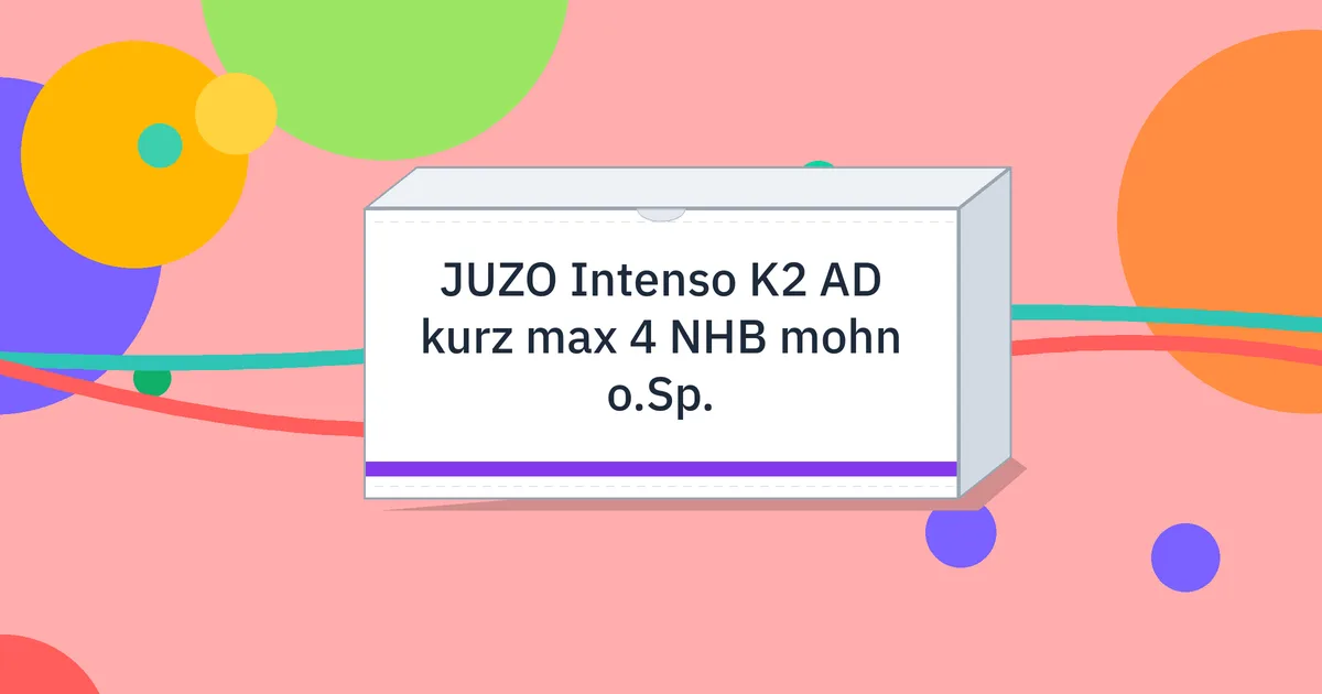 Symbolbild: Packung mit der Aufschrift JUZO Intenso K2 AD kurz max 4 NHB mohn o.Sp. (PZN 18622883) – Verfügbarkeit und Bezug in Apotheken in Frankfurt am Main