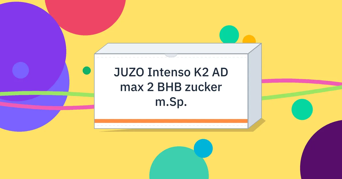 Symbolbild: Packung mit der Aufschrift JUZO Intenso K2 AD max 2 BHB zucker m.Sp. (PZN 18616055) – Verfügbarkeit und Bezug in Apotheken in Frankfurt am Main