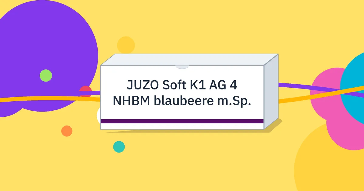 Symbolbild: Packung mit der Aufschrift JUZO Soft K1 AG 4 NHBM blaubeere m.Sp. (PZN 14999289) – Verfügbarkeit und Bezug in Apotheken in Frankfurt am Main