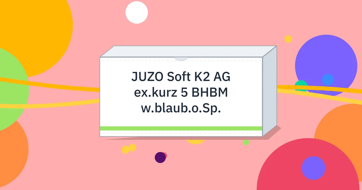 Symbolbild: Packung mit der Aufschrift JUZO Soft K2 AG ex.kurz 5 BHBM w.blaub.o.Sp. (PZN 14870265) – Verfügbarkeit und Bezug in Apotheken in Frankfurt am Main