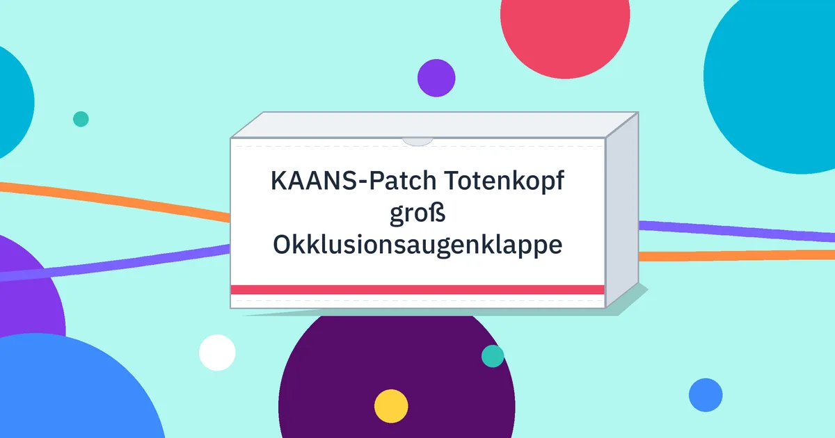 Symbolbild: Packung mit der Aufschrift KAANS-Patch Totenkopf groß Okklusionsaugenklappe (PZN 11102353) – Verfügbarkeit und Bezug in Apotheken in Frankfurt am Main