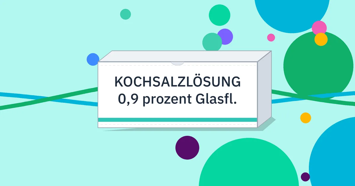 Symbolbild: Packung mit der Aufschrift KOCHSALZLÖSUNG 0,9 prozent Glasfl. (PZN 03239138) – Verfügbarkeit und Bezug in Apotheken in Frankfurt am Main