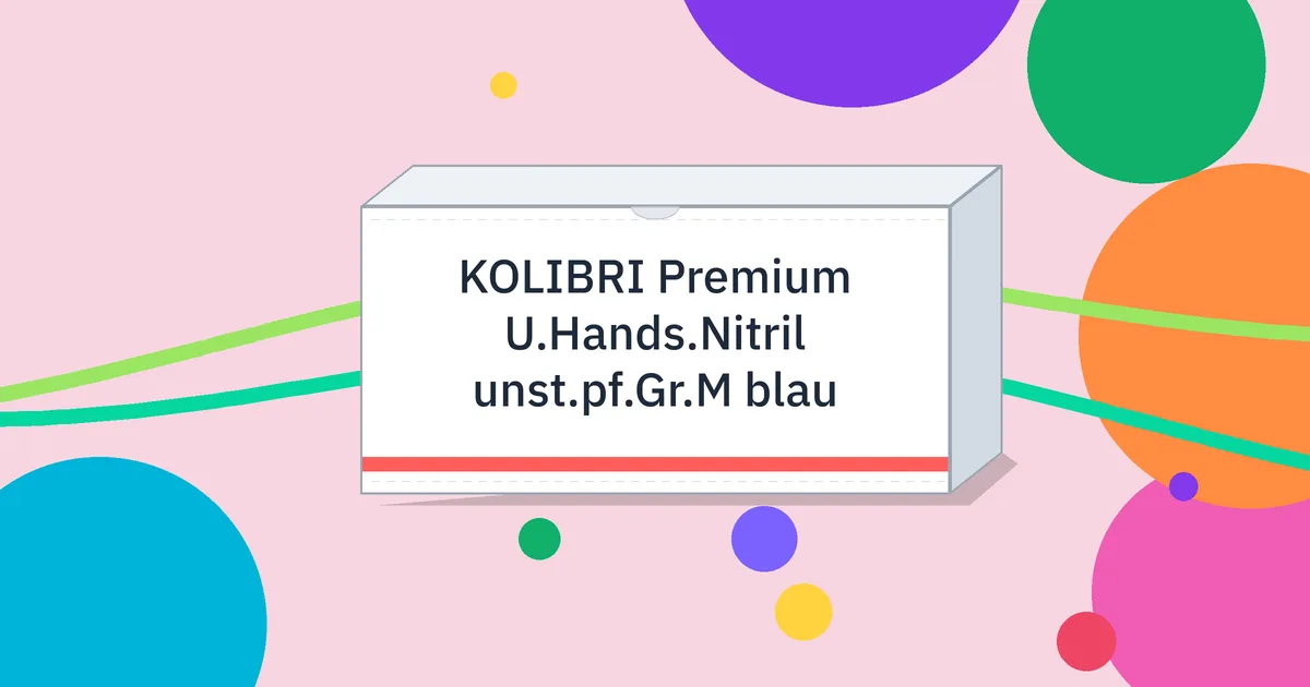 Symbolbild: Packung mit der Aufschrift KOLIBRI Premium U.Hands.Nitril unst.pf.Gr.M blau (PZN 15564642) – Verfügbarkeit und Bezug in Apotheken in Frankfurt am Main
