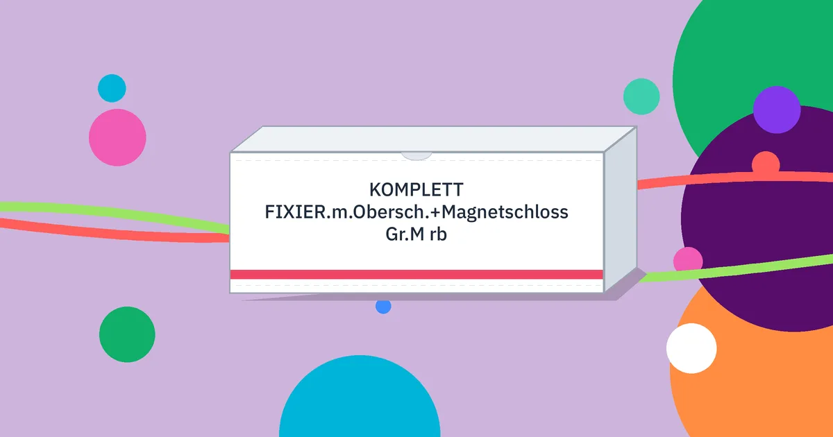 Symbolbild: Packung mit der Aufschrift KOMPLETT FIXIER.m.Obersch.+Magnetschloss Gr.M rb (PZN 11573756) – Verfügbarkeit und Bezug in Apotheken in Frankfurt am Main