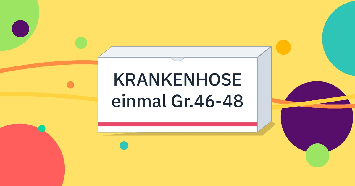 Symbolbild: Packung mit der Aufschrift KRANKENHOSE einmal Gr.46-48 (PZN 01980012) – Verfügbarkeit und Bezug in Apotheken in Frankfurt am Main