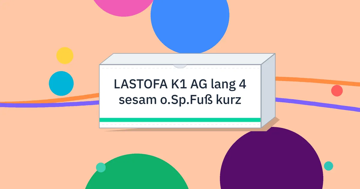 Symbolbild: Packung mit der Aufschrift LASTOFA K1 AG lang 4 sesam o.Sp.Fuß kurz (PZN 13792391) – Verfügbarkeit und Bezug in Apotheken in Frankfurt am Main