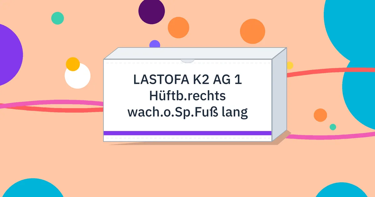 Symbolbild: Packung mit der Aufschrift LASTOFA K2 AG 1 Hüftb.rechts wach.o.Sp.Fuß lang (PZN 14152096) – Verfügbarkeit und Bezug in Apotheken in Frankfurt am Main