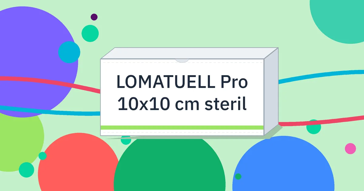 Symbolbild: Packung mit der Aufschrift LOMATUELL Pro 10x10 cm steril (PZN 17414160) – Verfügbarkeit und Bezug in Apotheken in Frankfurt am Main
