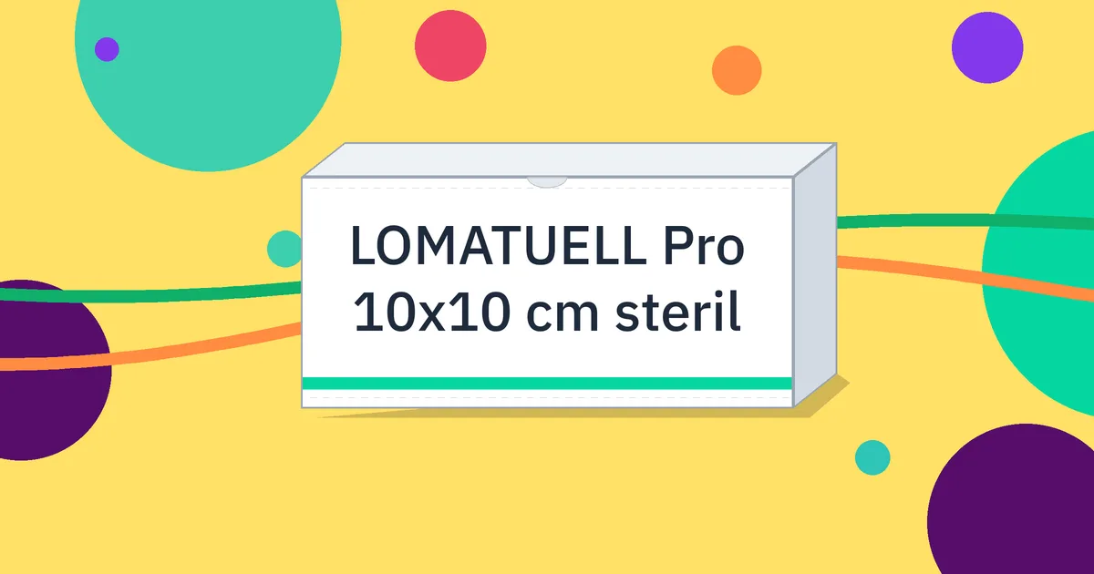 Symbolbild: Packung mit der Aufschrift LOMATUELL Pro 10x10 cm steril (PZN 19144552) – Verfügbarkeit und Bezug in Apotheken in Frankfurt am Main